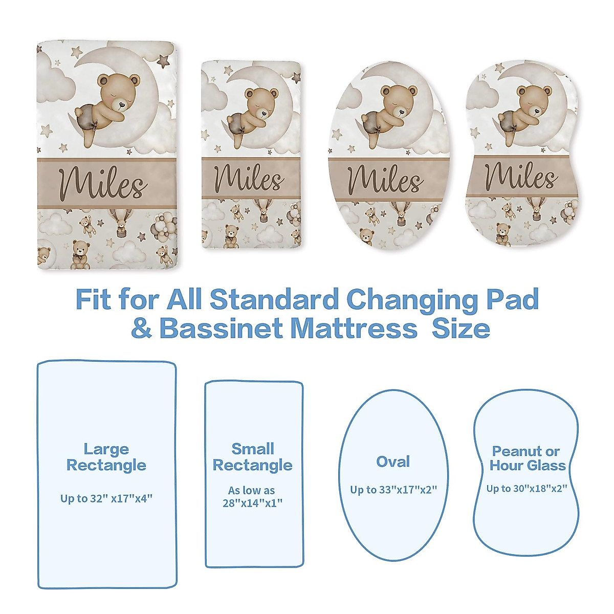 Personalized Bassinet Sheet Set 2 Pack for Baby, Custom Bassinet Mattress Sheets with Name, Universal Fitted for Various Cradle Mattress Pad, Blue & Brown Bear Bassinet Sheets for Boys (16" x 32")