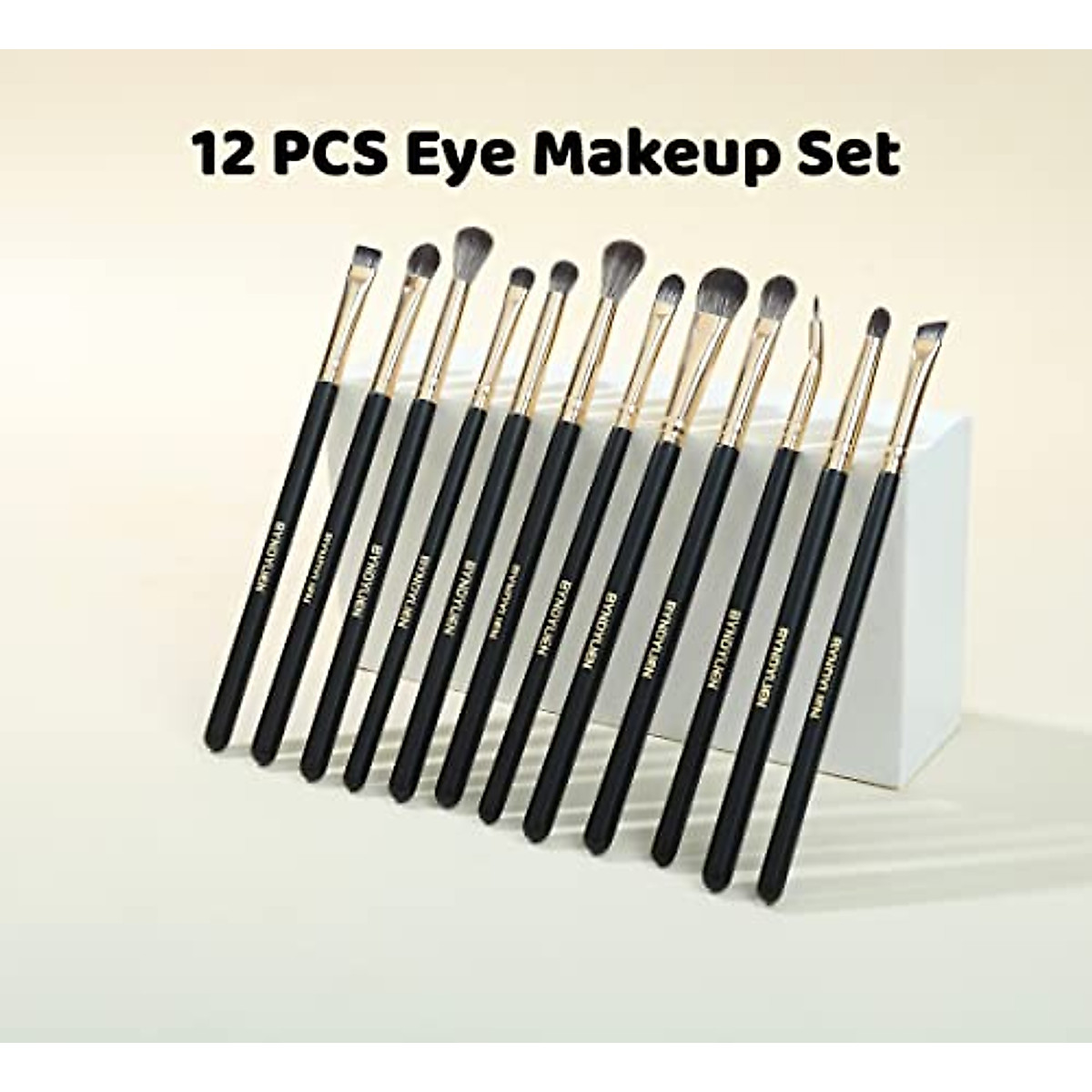 BYNDYLIEN Eye Makeup Brushes - 12pcs Champagne Gold Professional Makeup Brush Set with Soft Synthetic Fiber Hairs and Wood Handle for Eye Shadow, Blending, Concealer, Eyeliner, and Eyebrow