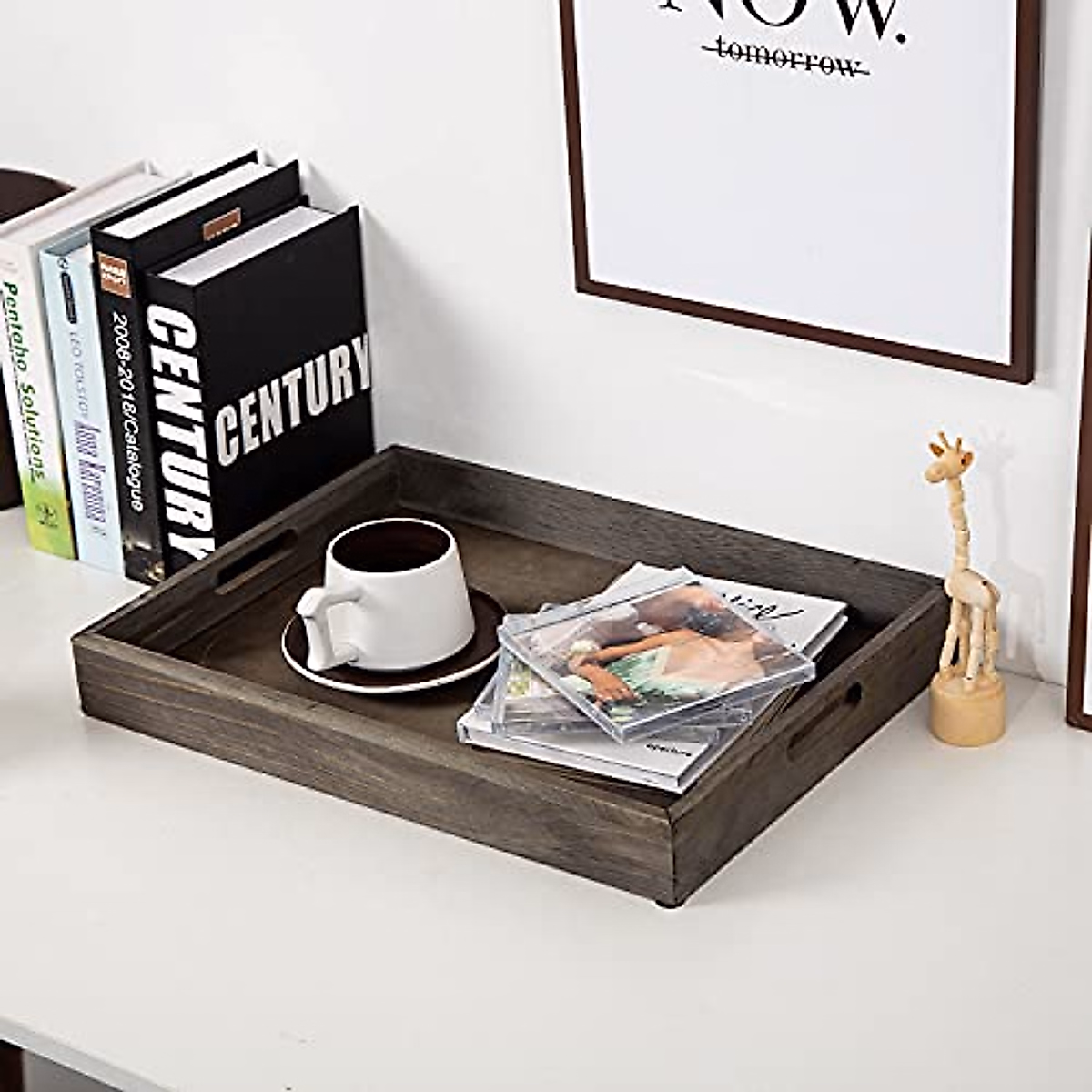 Rustic Distressed Wood Food Breakfast Serving Tray Octagon Serving Tray in Bed with Cutout Carrying Handles Coffee Office Desktop Document Holder Home Kitchen (Rock Grey)