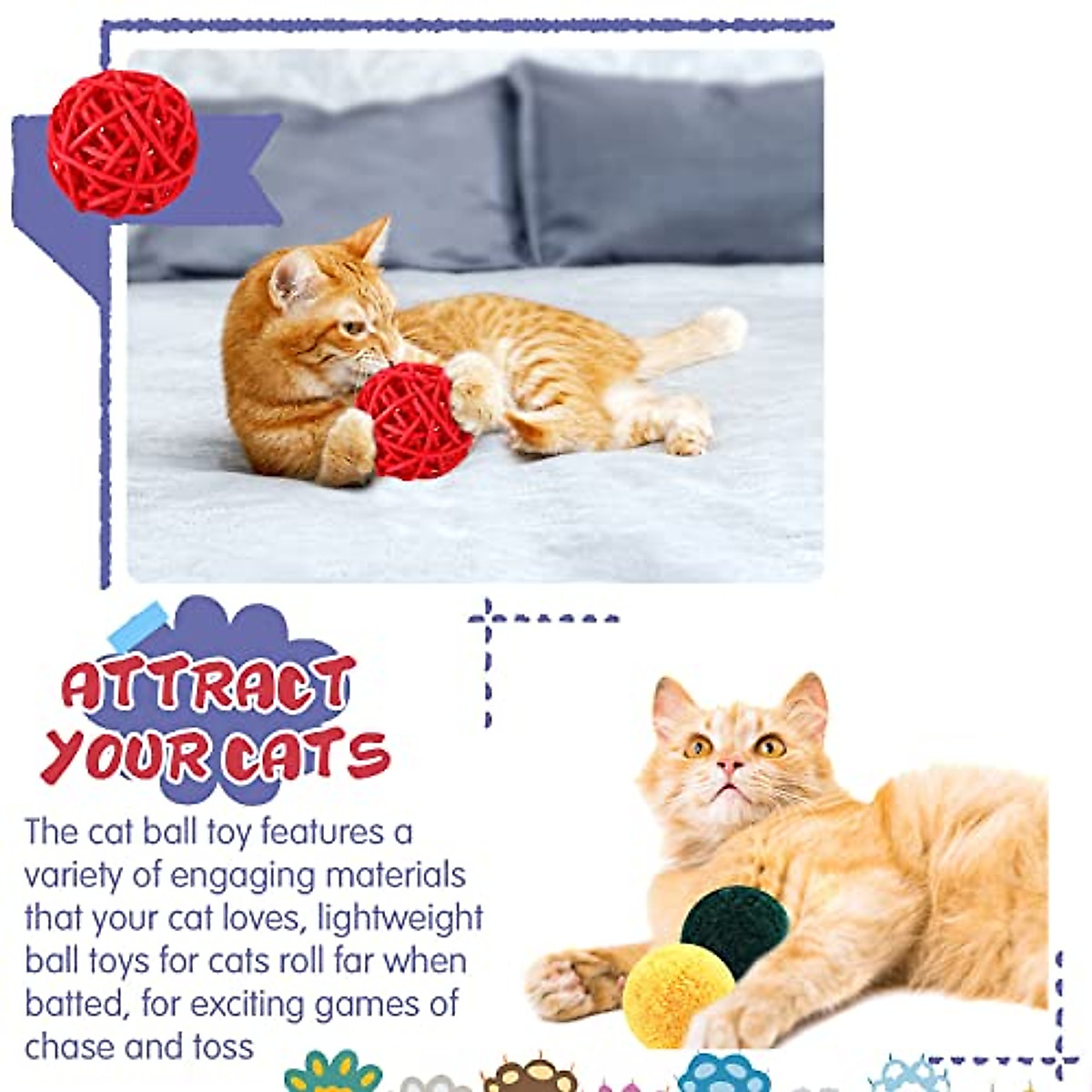Deekin 60 Pack Cat Toys Plastic Noisy Cat Toy Balls with Bell Kitten Chase Pounce Rattle Toy Assortments Including Rainbow Foam Ball, Furry Pompom Ball, Sisal Ball for Cats (Assorted Style)