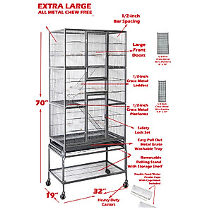 Extra Large Wrought Iron 5-Tiers Chew-Proof Ferret Squirrel Chinchilla Sugar Glider Critter Animal Home Metal Cage Easy Clean Pull Out Tray with Removable Rolling Stand