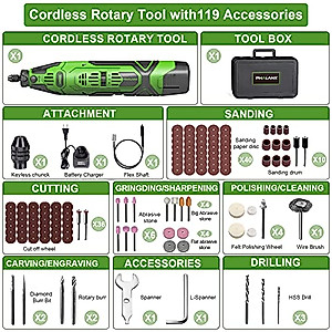 PHALANX 12V Cordless Rotary Tool Kit with Keyless Chuck, 6-Speeds 5000-32000RPM, 119 Accessories with Flex Shaft, Idea for Cutting, Grinding, Wood Carving- Include 2.0AH Battery, Charger