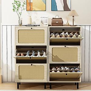 DKLGG Shoe Cabinet with 3 Flip Drawers, Rattan Entryway Shoe Storage Cabinet, Freestanding Wooden Shoe Rack Storage Cabinet with Metal Legs, Narrow Hidden Shoe Organizer for Entryway Hallway Mudroom