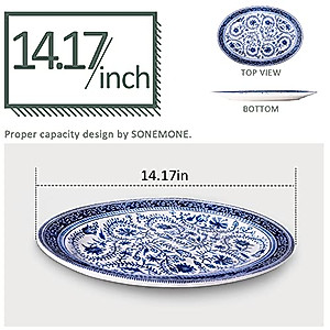 Sonemone Blue Marrakesh Tile Floral Serving Platter, 14 Inch Oval Serving Platter, Ceramic Party Serving Dishes for Entertaining, Turkey, Pizza, Microwave & Dishwasher Safe