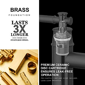 Brushed Gold Bridge Kitchen Faucet with Pull Down Sprayer, Lava Odoro Transitional Brass Kitchen Sink Faucet 3 Hole 2 Handle Spot-Resistant, Lead-Free, KF501-SG