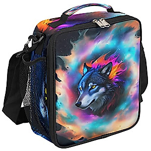 cfpolar Insulated Lunch Bag, Universe Fog Wolf Lunch Box Wide Opened Tote Reusable Lunch Container Organizer Thermal Cooler Bag with Shoulder Strap for School Office Picnic Hiking Beach Fishing