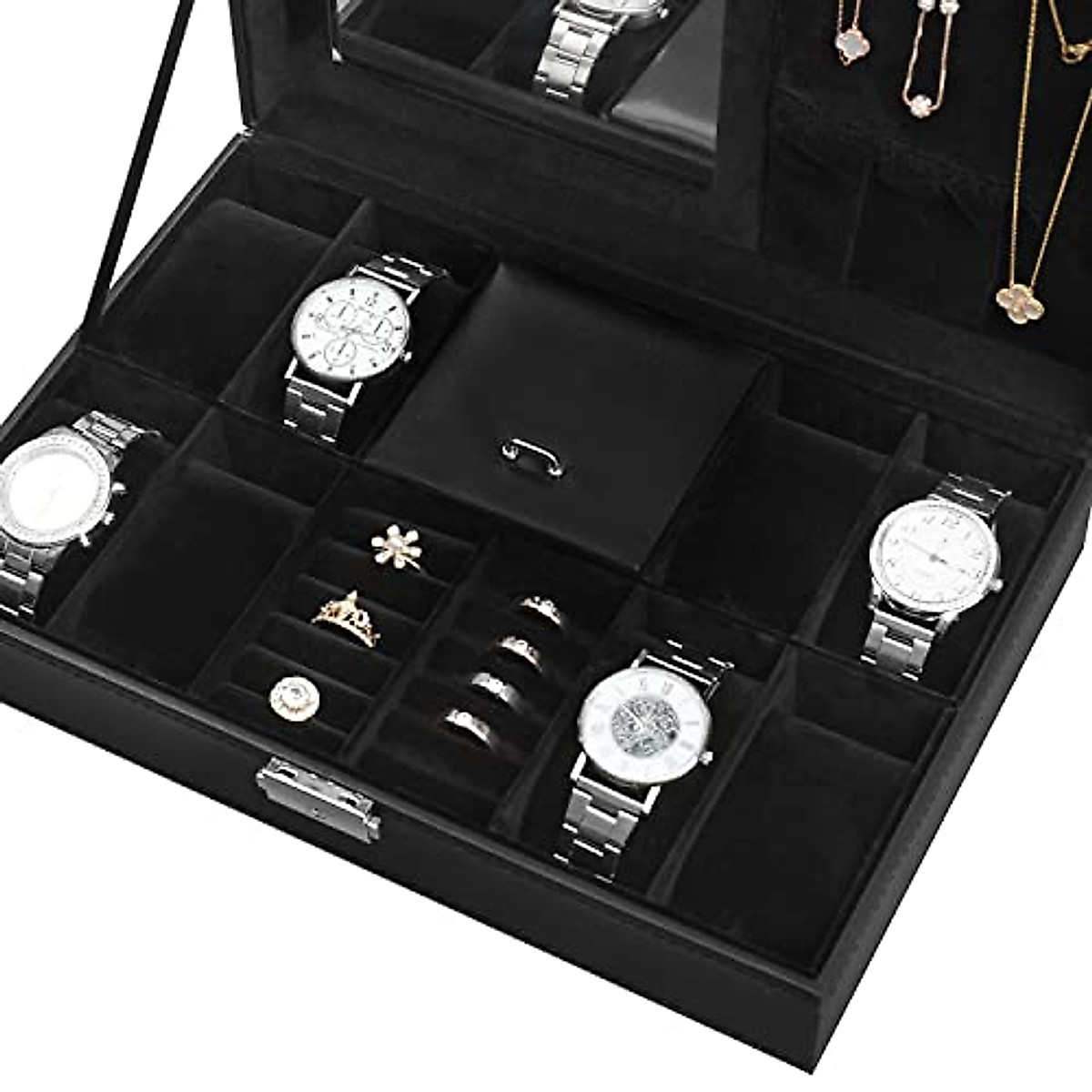 BASTUO Jewelry Box 8 Watch Display Case Organizer Jewelry Trey Storage Box PU Leather with Mirror and Lock， Black with Black Lining