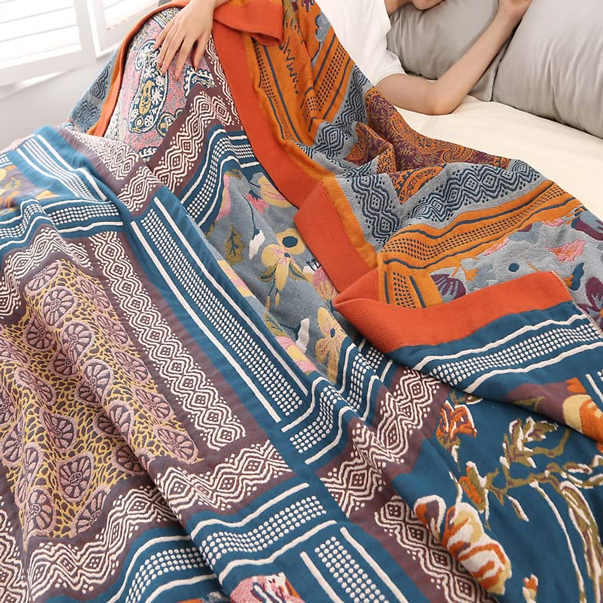 KINBEDY 4 Layers of Gauze Blanket, 100% Cotton Super Soft Boho Lightweight Breathable Bed Blankets Colorful Muslin Throw Blanket for All Seasons, Queen Size,79 x 92 Inches.