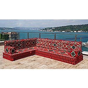 Red L Shaped Pallet Cushions, Arabic Floor Sofa Set, Oriental Floor Seating, Sectional Floor Cushion, Indoor Floor Pillows, Arabic Sofa Set (L Sofa Only)