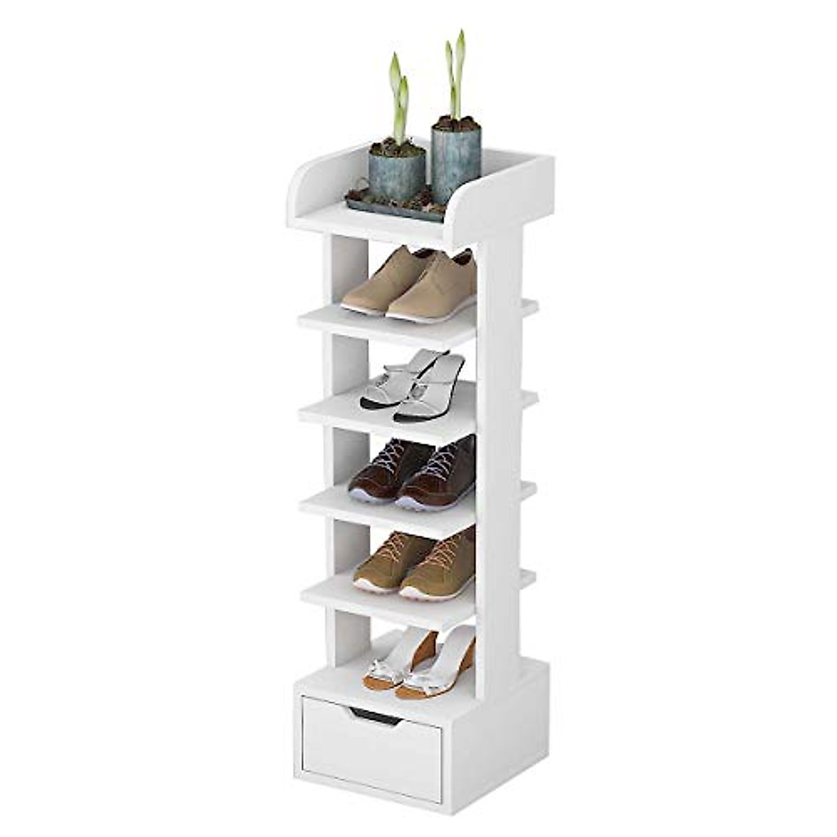 Mepplzian Shoe Rack Storage Rack with Bottom Drawer & 6 Shoe Rack Compartments, Space Saving Shoe Rack, Suitable for Bedroom, Living Room & Office(White Small)