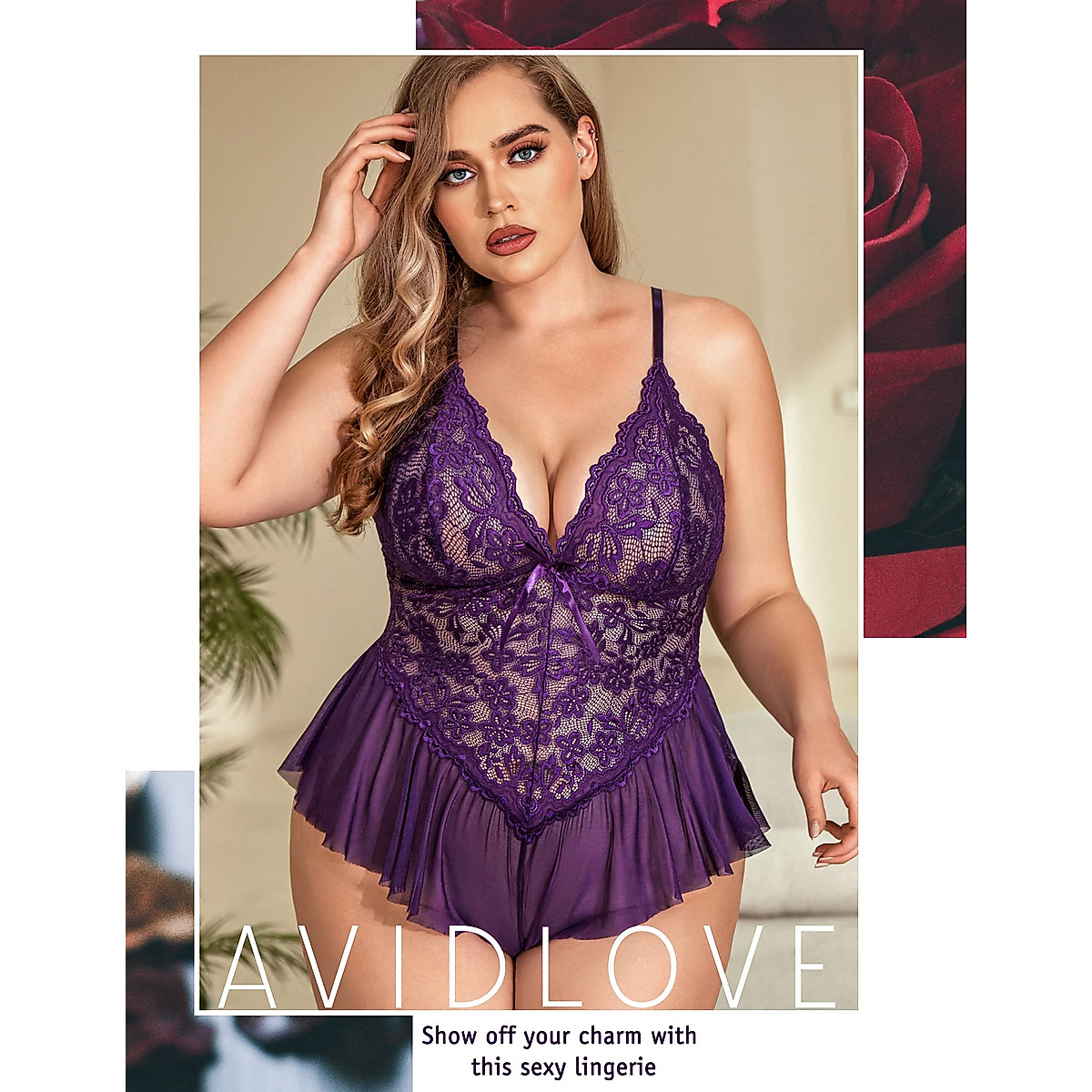 Avidlove Women's Lingerie Sexy Lace Bodysuit One Piece Teddy Purple Plus Size Lingerie Bodysuit for Pregnant Boudoir Shoot