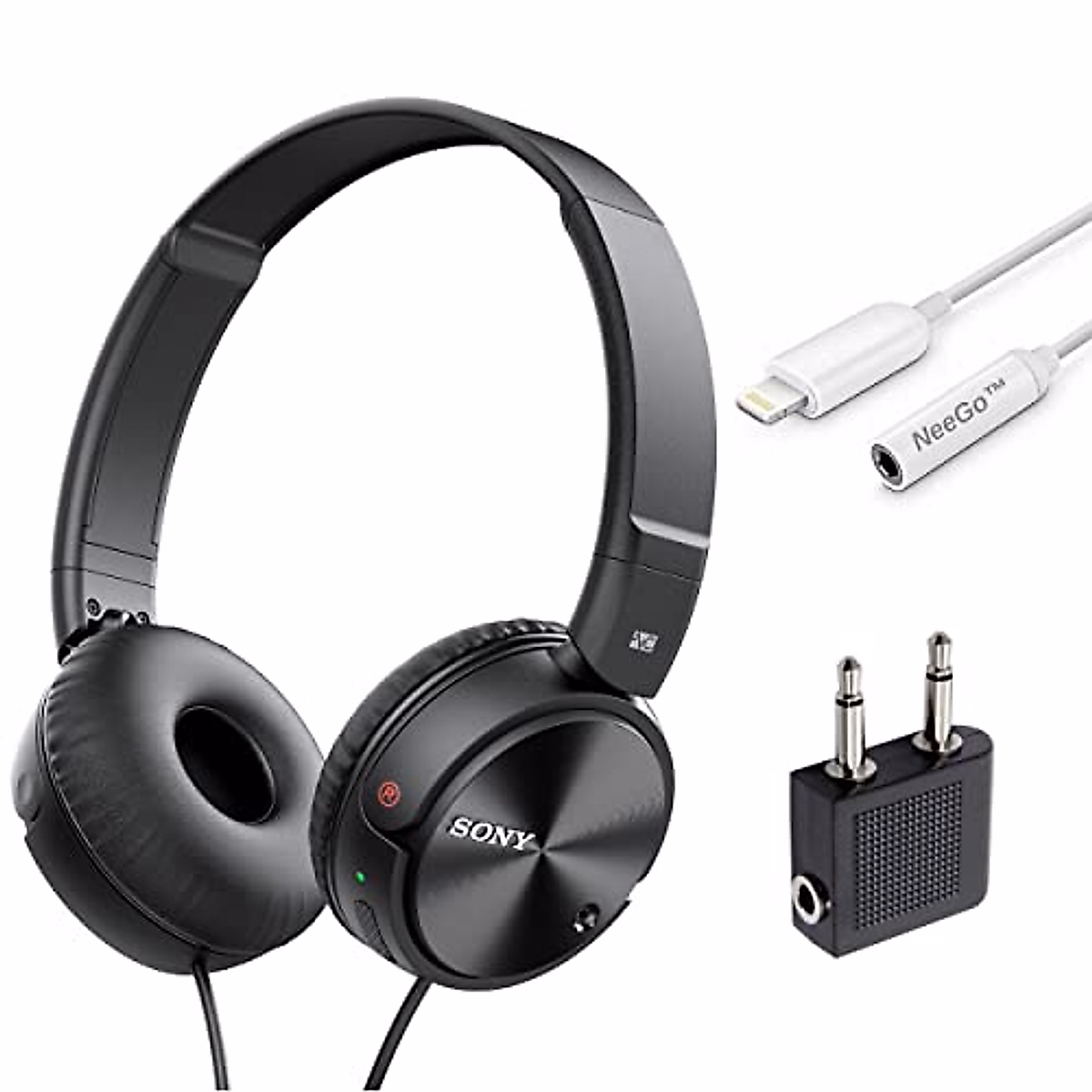 Sony Wired Noise Cancelling Stereo Headphones (Black) + NeeGo 3.5mm Jack Converter for iPhone