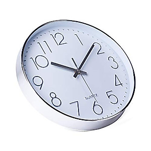 jomparis Modern 12" Battery Operated Non-Ticking Silent Sweep Movement Wall Clock Decorative for Office,Kitchen, Living Room, Bedroom, Bathroom Plastic Frame Glass Cover (Silver,Arabic Numeral)