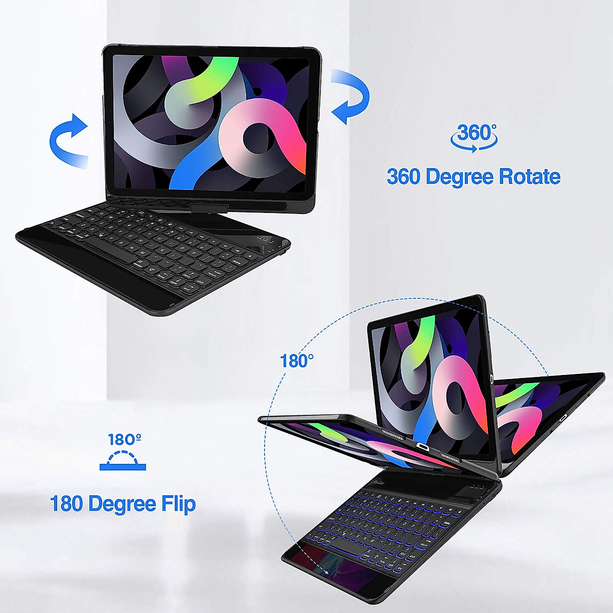 ProCase Keyboard Case for iPad Air 6th 11 inch 2024/Air 5th/4th 10.9" 2022 2020/ iPad Pro 11" 2022 2021 2020 2018, 360 Degree Rotation Wireless Keyboard with 7 Colors Backlit, Auto Sleep/Wake -Black