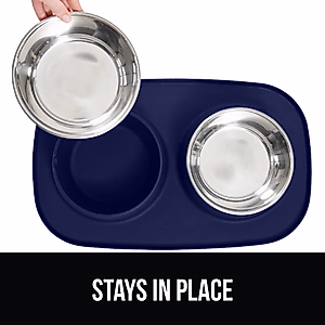 GORILLA GRIP 100% Waterproof BPA Free Cat and Dog Bowls Silicone Feeding Mat Set, Stainless Steel Bowl Slip Resistant Raised Edges, Catch Water, Food Mess, No Spills, Pet Accessories, 1 Cup, Navy