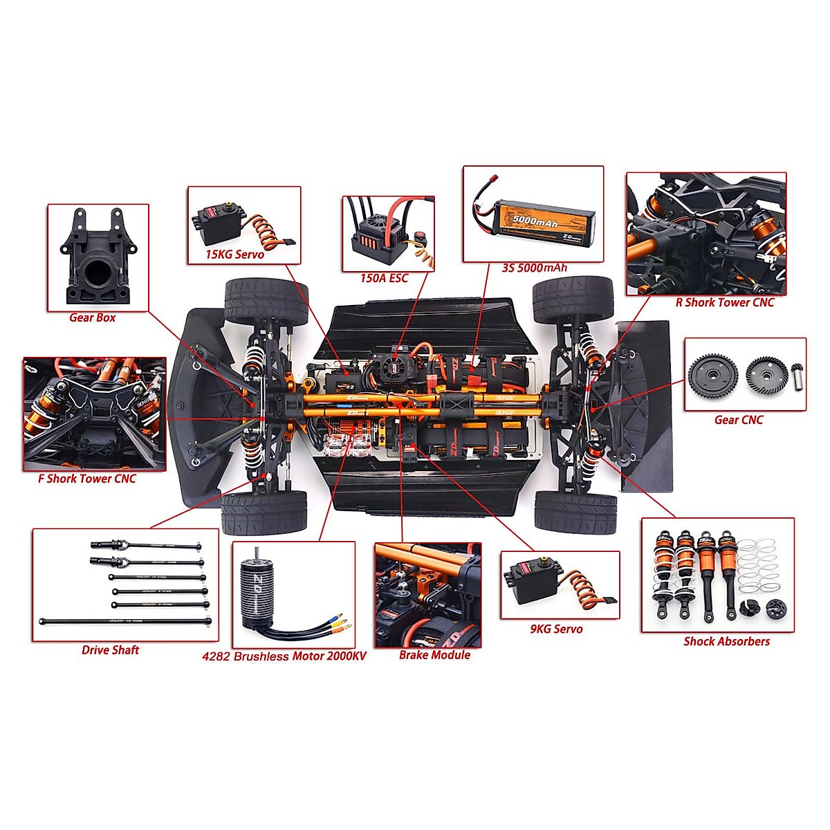 GoolRC ZD Racing Remote Control Car, 1:7 Scale, 70km/h 4WD Hypercar with 4282 2000KV Brushless Motor, 2.4G Remote Control, EU and US Plug Options