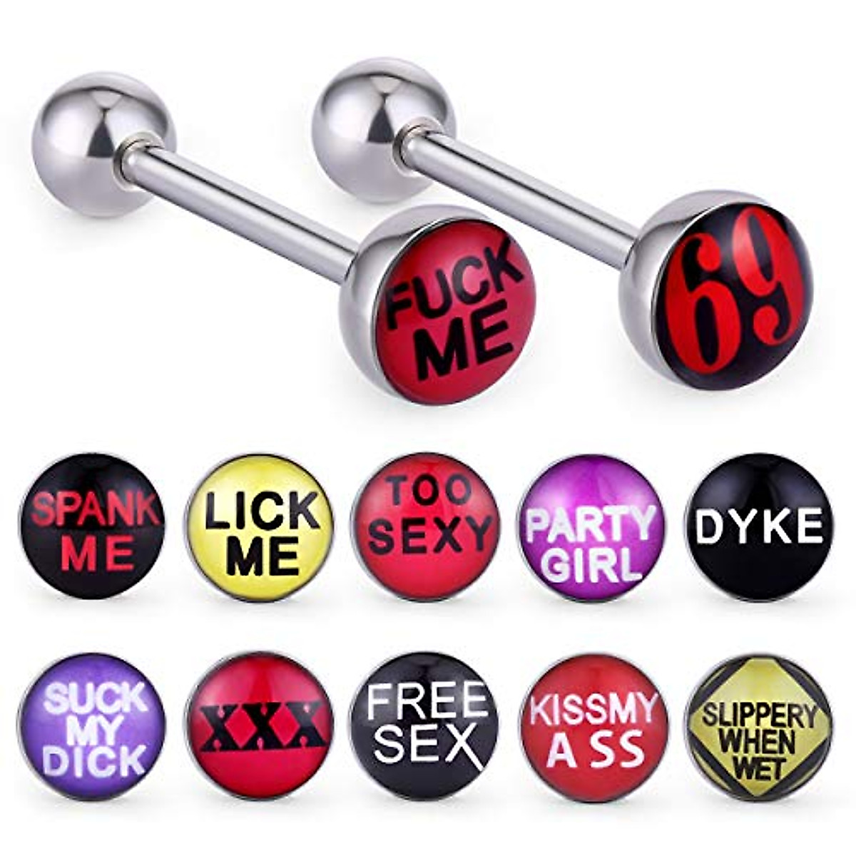 COTTVOTT Novelty Letter Stainless Steel Tongue Rings Body Piercing Jewelry Barbells(12pcs mix)