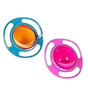 Wnvivi 2Pcs Spill Resistant Gyro Bowl, Magic Bowl 360 Degree Rotation Spill Resistant Gyro Bowl, Toy Tableware with a handle For Toddler Baby Kids Children Blue and Red