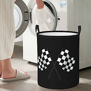 Checkered Flags Race Car Flag Laundry Basket Laundry Basket with Handle Waterproof Round Oxford Cloth Laundry Basket Storage Basket