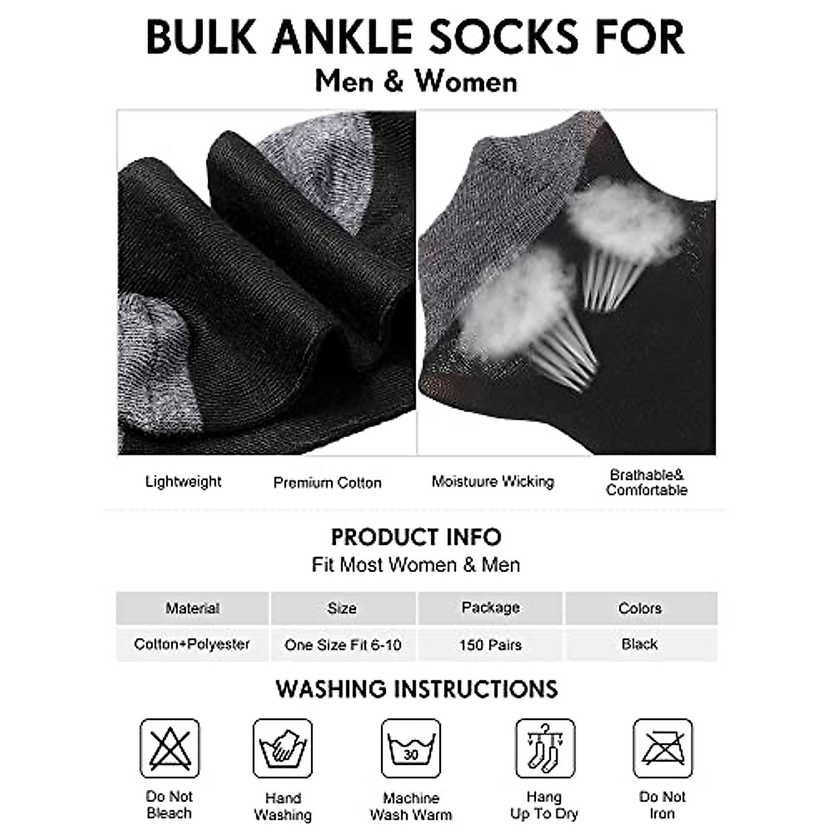 Hicarer 150 Pairs Men's Cushion Ankle Socks Breathable Casual Socks Comfort Men Low Cut Sock for Men Sports Outdoor Running (Black, Gray)