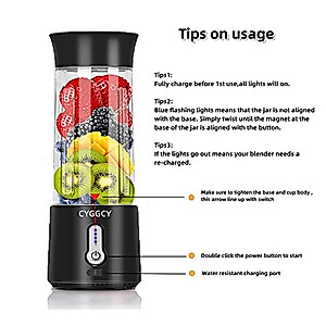 CYGGCY Portable Blender Personal Mini Blender for Shakes & Smoothies USB Rechargeable Travel blender shake smoothy Personal Size Blenders 17.6oz Fresh Juice Blender with 6 Stainless Steel Blades and 4000mAh Rechargeable Battery(black)