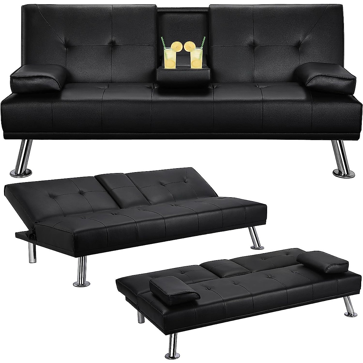 Anwickmak Convertible Futon Sofa Bed,PU Leather Modern Couch Loveseat Sleeper, Folding Daybed Guest Bed, Removable Armrests, 2 Cup Holders, Metal Legs (Black)