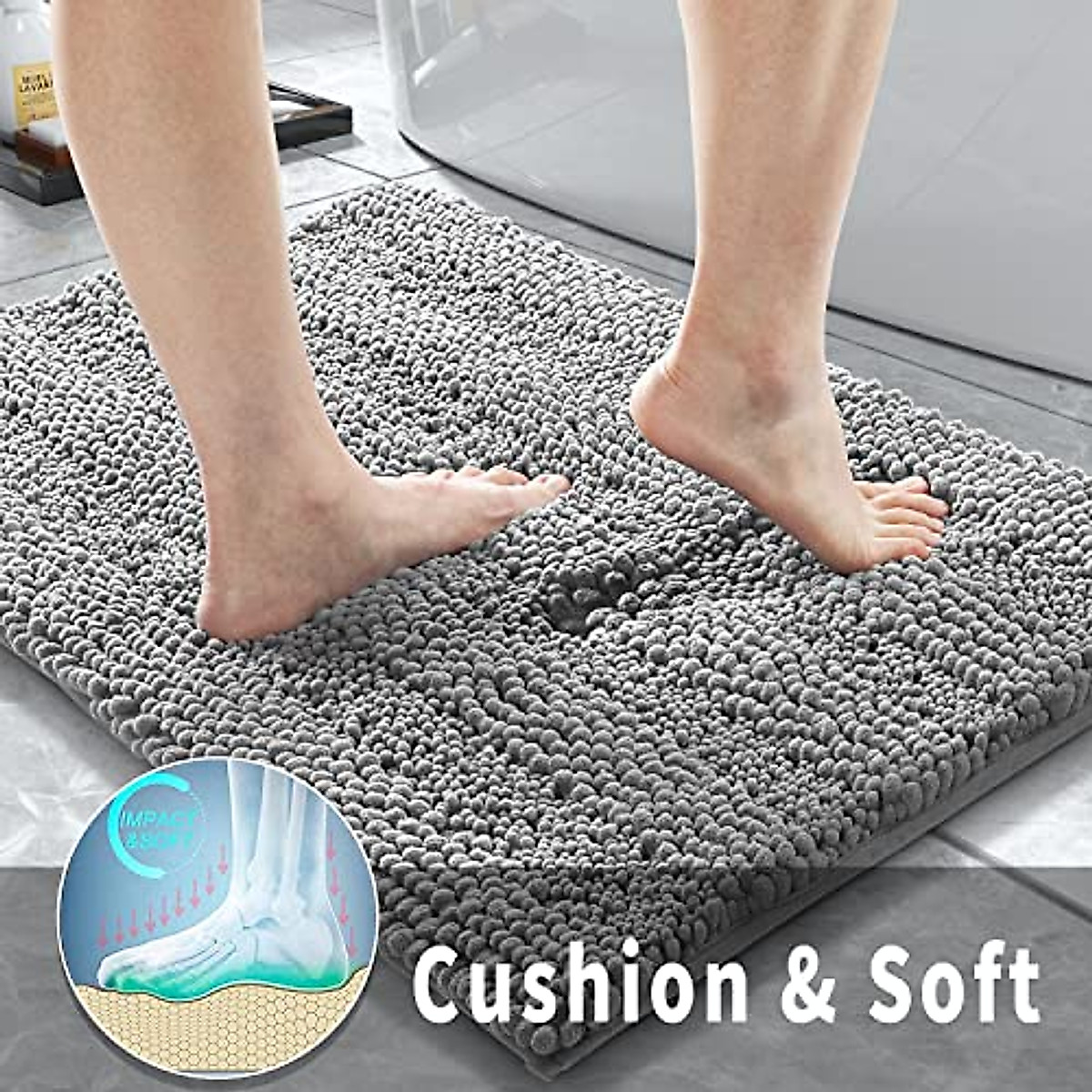 Yimobra Luxury Chenille Shaggy Bathroom Rug Set, 2 Pack Soft Fluffy Plush Bath Mat, Extra Thick, Non-Slip, Water Absorbent, Machine Washable, Bath Mats for Bathroom (Grey, 20" x 32"+17" x 24")