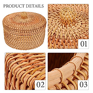 ULTNICE Round Rattan Storage Box with Lid - Hand Woven Rattan Basket for Desktop or Decorative Use