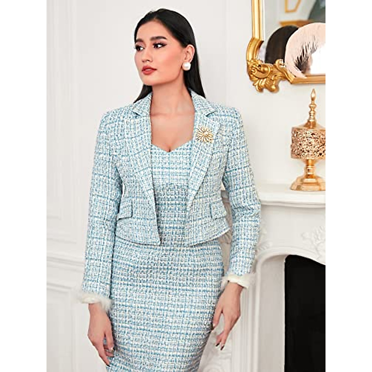 WePurchase Plaid Lapel Collar Fuzzy Cuff Single Button Tweed Overcoat (Color : Mint Blue, Size : Medium)