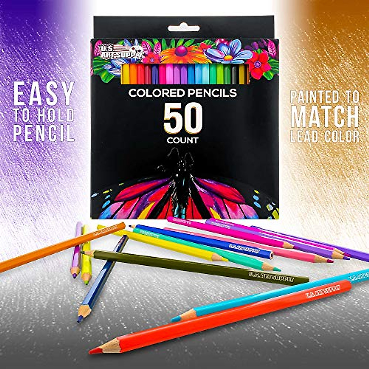 U.S. Art Supply 50 Piece Adult Coloring Book Artist Grade Colored Pencil Set - Vibrant Colors, Smooth Art Drawing, Sketching, Shading, Blending - Fun Activities for Kids, Students, Adults, Beginners
