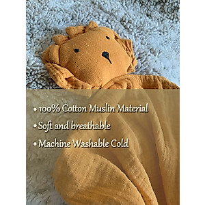 Calendula Gifts 100% Organic Cotton Muslin Animal Baby Blanket Lovey (Yellow Lion)