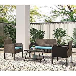 STP-Y 4 Pieces Outdoor Patio Furniture Set All-Weather Wicker Sofa Set Rattan Chair with Tempered Glass Table, Cushioned Seats Conversation Sets, Blue (Color : Blue)