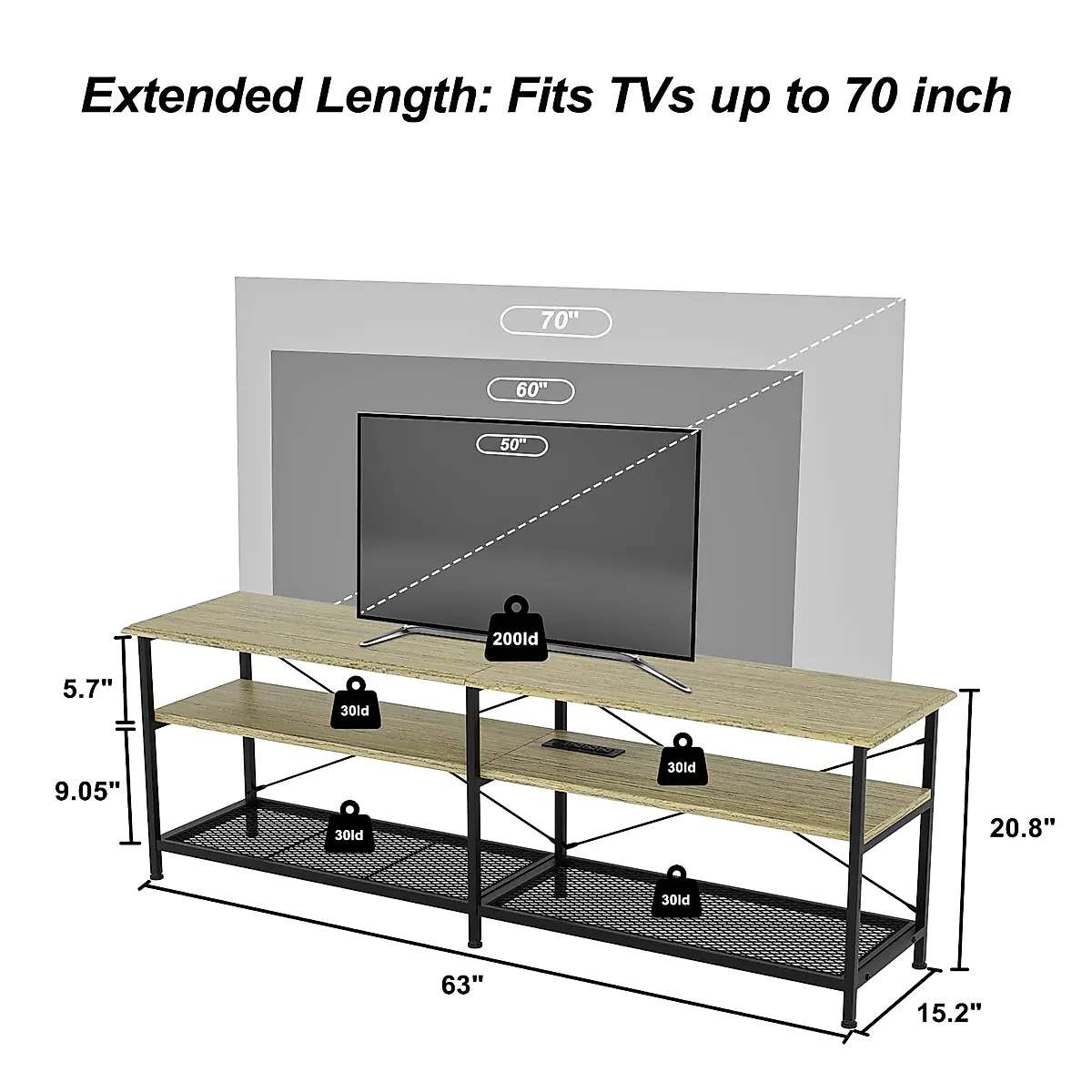 LAZEYARD TV Stand for 60 65 70 Inch TV, Long 63" Entertainment Center TV Console, TV Table with 3-Tier Open Storage Shelves, Industrial TV Cabinet with Metal Frame for Living Room