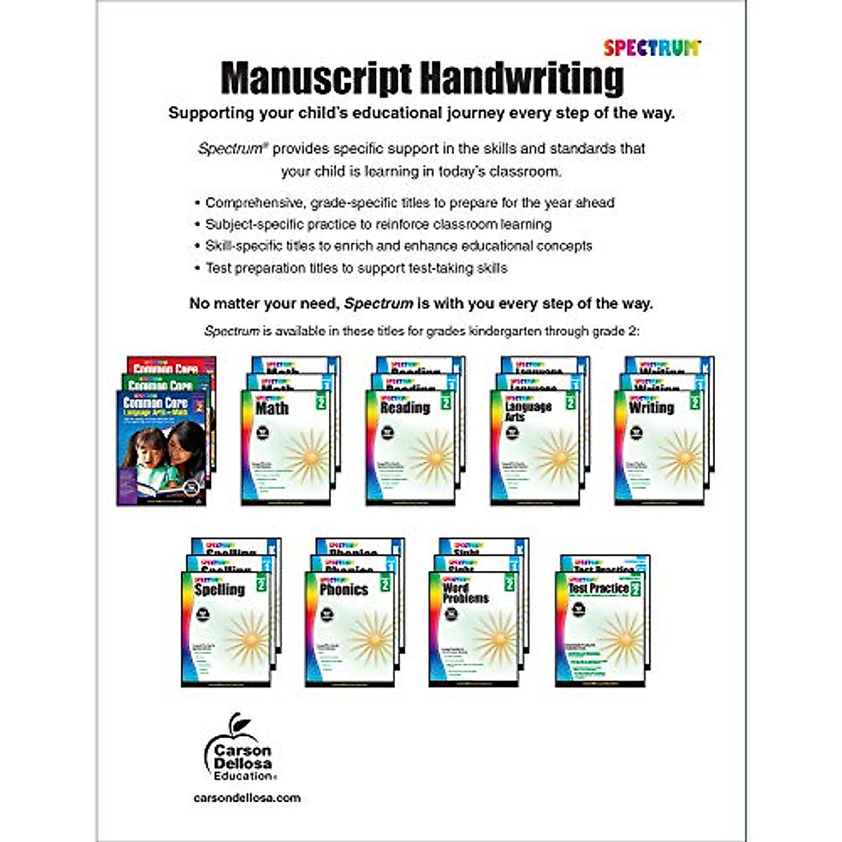 Spectrum Manuscript Handwriting Workbooks, Ages 5 to 8, Kindergarten to 2nd Grade Handwriting Practice With Lower-and Uppercase Letters, Sentence Practice, and Vocabulary - 96 Pages