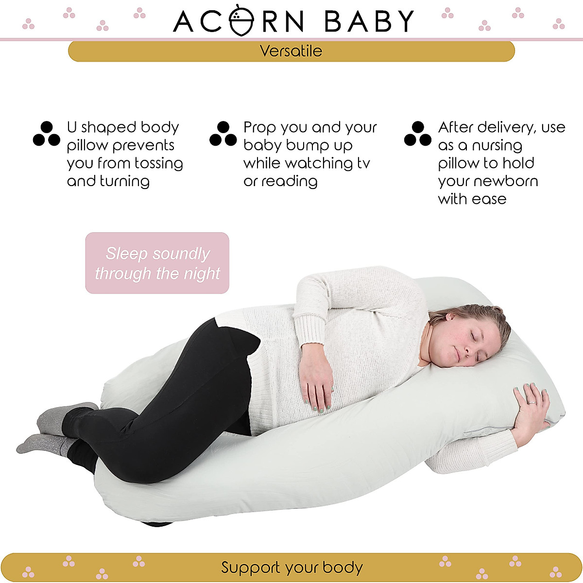 Acorn Baby Full Body Pillow - Light Gray 55 x 31in Firm Curved Body Pillow with Jersey Cover for Belly and Back Support