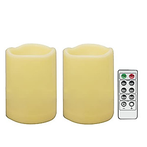 YINCHI Waterproof Outdoor Battery Operated Flameless Candles with Remote Timer Plastic Flickering Fake Electric LED Pillars for Lantern Garden Wedding Christmas Decorations 3x4 Inches 2 PCS