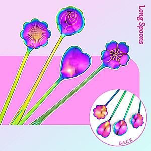 9 PCS Rainbow Flower Spoon Set, LEEFONE 2 Different Size Stainless Steel Reusable Teaspoons Coffee Sugar Stirring Spoon Dessert Cake Spoons Tea Scoops Table Spoon Mixing Spoon Ice Tea Spoon