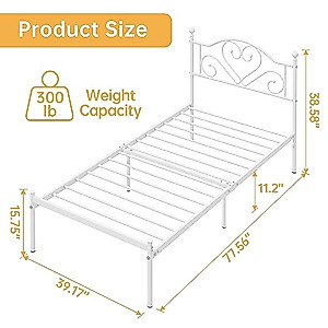 Weehom Twin Bed Frames with Headboard, Heavy Duty Metal Platform Bed Under Bed Storage Space Easy Assembly for Kids Girls Adults White