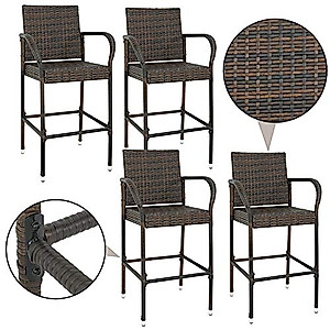 F2C Pack of 4 Brown Wicker Barstool All Weather Dining Chairs Outdoor Patio Furniture Bar Stools