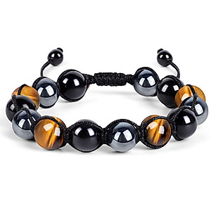 Enjoy Risingsun Tiger Eye Bracelet Women Men, Triple Protection Black Obsidian Hematite Tiger Eye Stone Bracelet 10mm Bead Crystal Gemstone Jewelry Bracelet