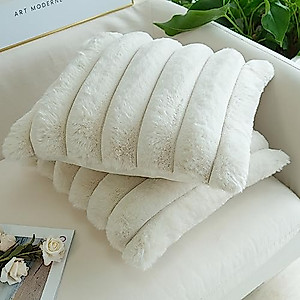 JOJUSIS Pack of 2 Faux Fur Plush Decorative Throw Pillow Covers Couch Cushion Case Soft Fluffy Pillowcases Wide Stripe Beige 18 x 18 Inch