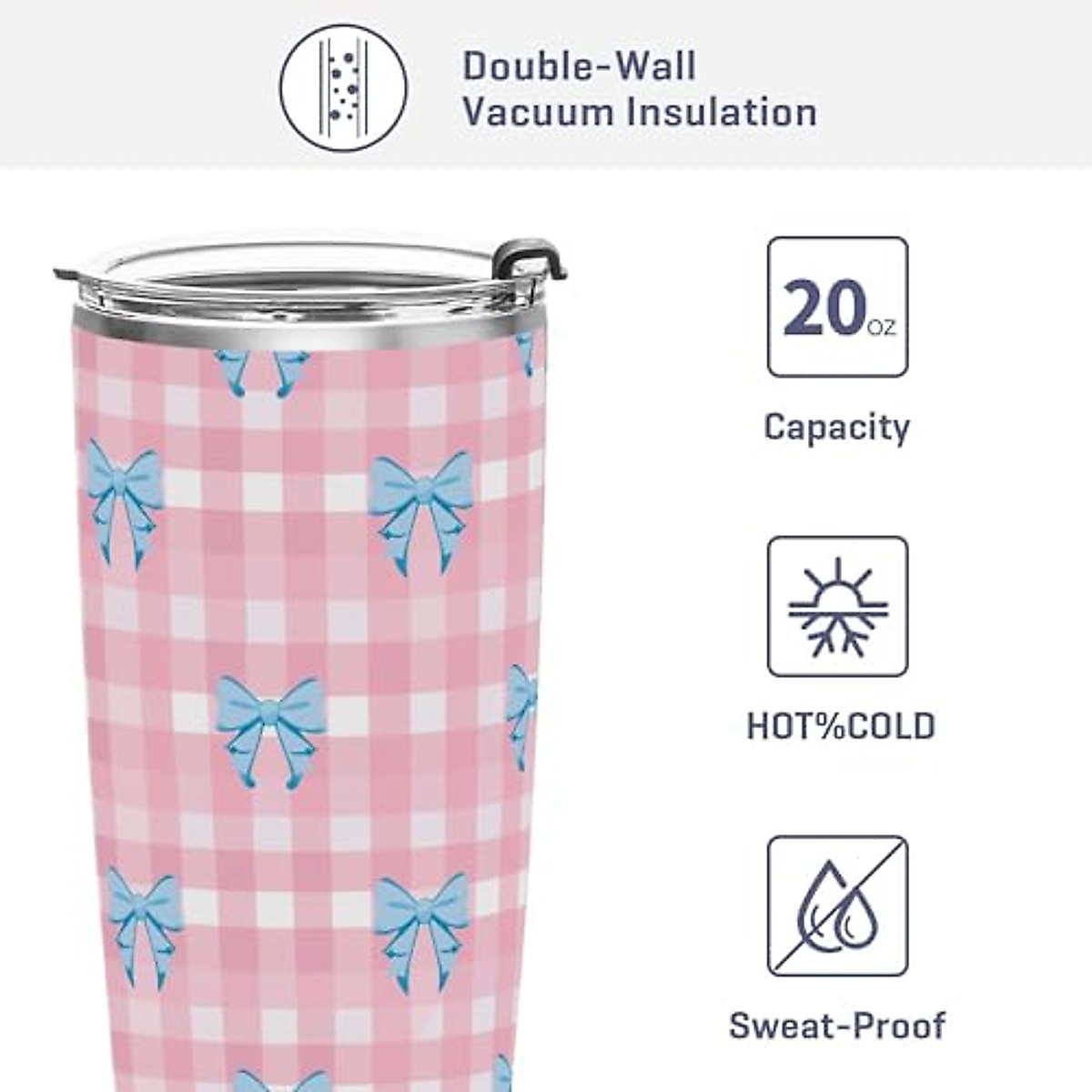 Pink Plaid Bow Stainless Steel coffee cups with lids with Straw Lid Camping Mug for camping simply flip straw tumbler 20 OZ