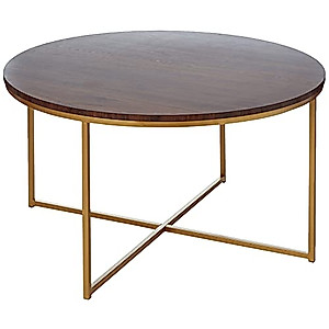 Walker Edison Cora Modern Round Faux Marble Top Coffee Table with X Base, 36 Inch, Walnut and Gold
