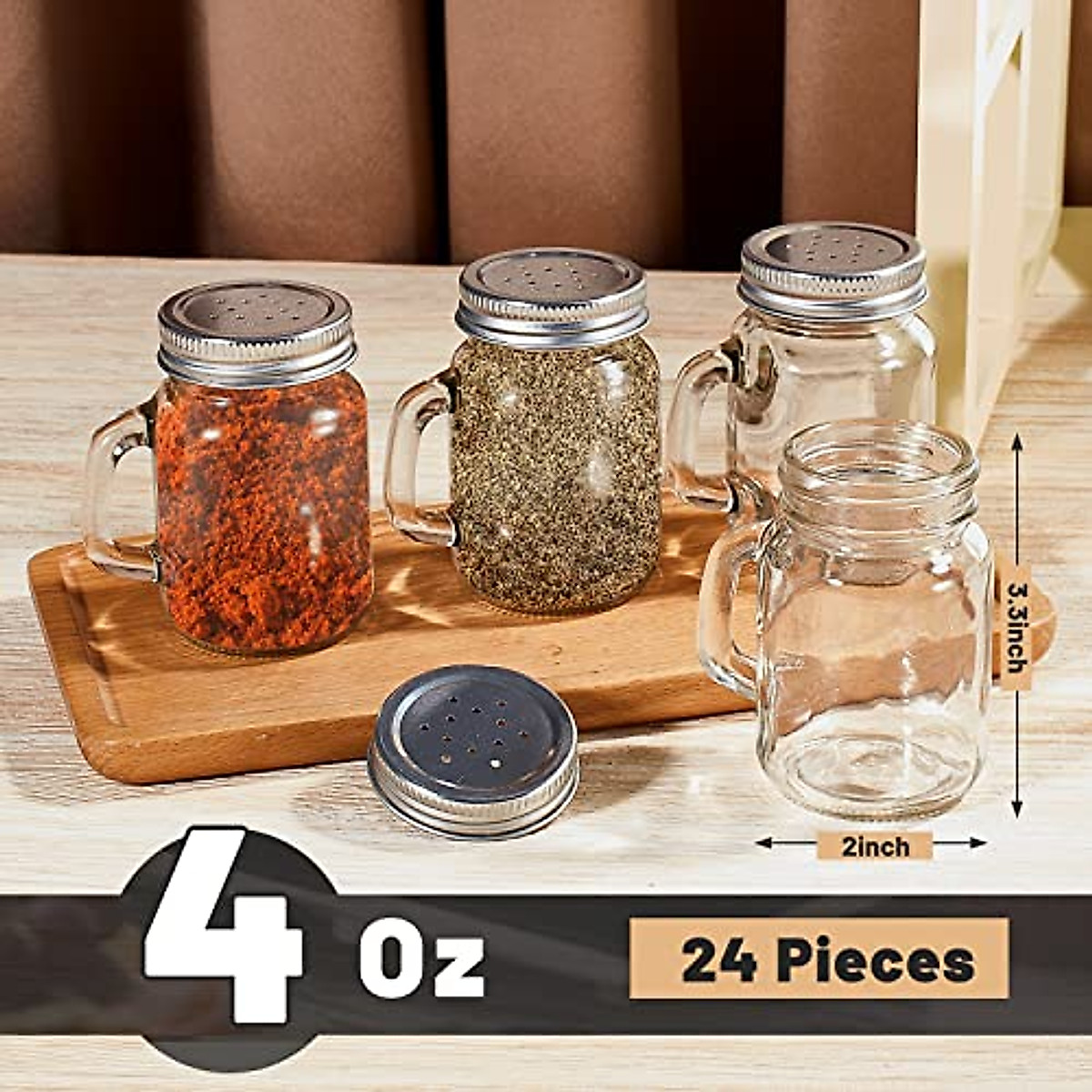 24 Pieces Glass Salt and Pepper Shakers Clear Mason Jar Mini Salt Shakers for Kitchen with Metal Lid and Handles for Kitchen Table Drinkware Home Accessories, 4 oz