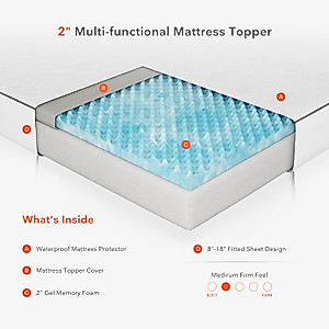 Sweetnight Mattress Topper Queen Size with Waterproof Mattress Protector, 2 Inch Cooling Egg Crate Gel Memory Foam Topper Ultra Plush, Plus 4 Bed Sheet Holder Straps, Queen Size, White (SN-T001-2-Q)
