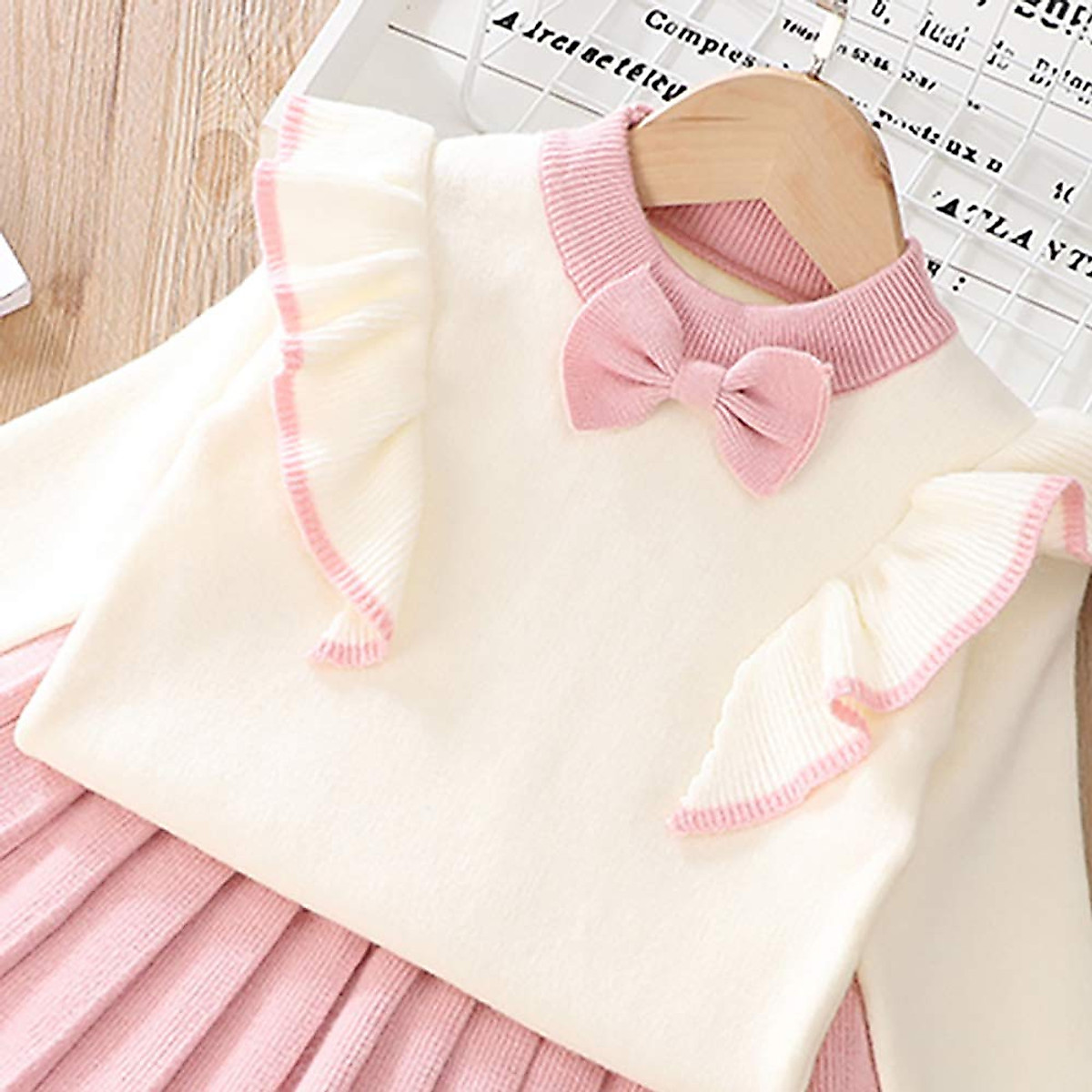 Toddler Baby Girls Outfit Knitted Buttons Sweater Tops Mini Skirt Bowknot Ruffle Long Sleeve Autumn Winter Clothes Set for Kids Christmas Outfits Princess Dress up Knit Crochet Pink 2-3T