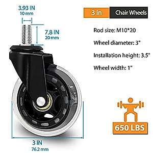 3" Office Chair Caster Wheels with M10x20 mm Threaded Stem, 360 Rotation Heavy Duty Polyurethane Office Chair Caster for All Floors Including Hardwood, Carpet and Tile, No Need Floor Mat. (Set of 5)