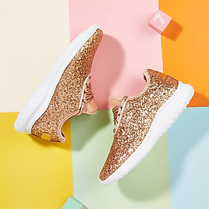 K KIP WOK Toddler Girls Glitter Sneakers Sparkle Slip On Walking Shoes for Kids/Children Breathable Running Sneakers(Rose Gold2,Big Kids 4)