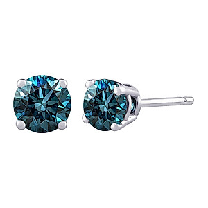 KATARINA 1/10 cttw Blue - I1 Round Brilliant Cut Diamond Earring Studs in 14K White Gold