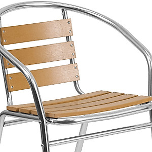EMMA + OLIVER Aluminum Indoor-Outdoor Stack Chair w/Triple Slat Faux Teak Back